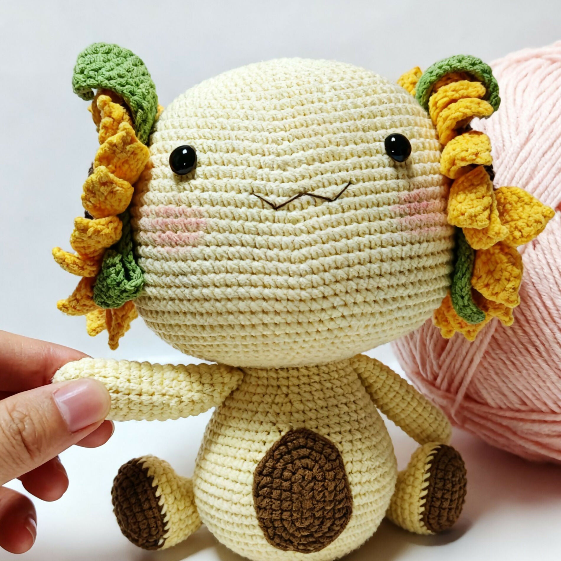 Sunflower Ear Axolotl Crochet Plush | Handmade Knitted Stuffed Animal